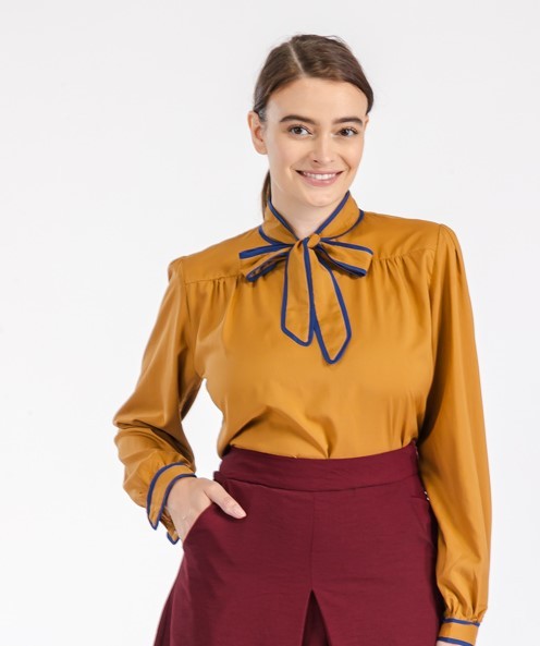 Caramel Top with a Blue Striped Bow Collar by Tulip B. – Modern Millie
