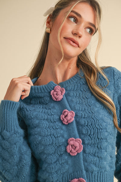 French Blue Knit Cardigan with Rosette Detail – Modern Millie
