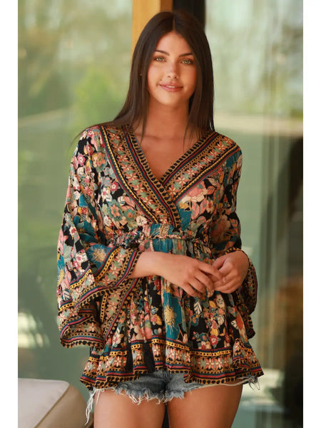 Bell Sleeve Tunic Top in Blue Floral by Angie – Modern Millie